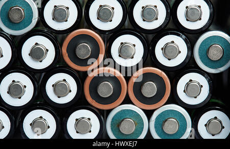 Top view of 3 yellow AA alkaline or rechargeable NiMH batteries on red ...