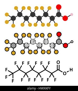 Molecular structure of Perfluorooctanoic acid, PFOA, perfluorooctanoate ...