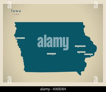 Map of United States with the provinces, Iowa is highlighted in yellow ...