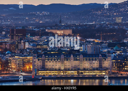 Oslo, Norway. A night view of Sentrum area of Oslo, Norway, with modern ...
