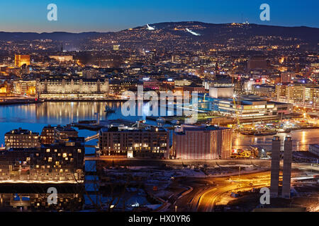 Oslo, Norway. A night view of Sentrum area of Oslo, Norway, with modern ...