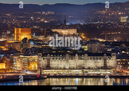 Oslo, Norway. A night view of Sentrum area of Oslo, Norway, with modern ...