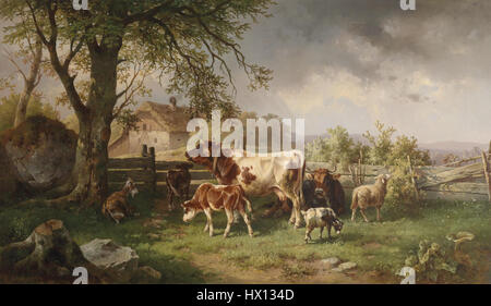 An oil painting by Edmund Mahlknecht titled 'Idylle am Bauernhof ...