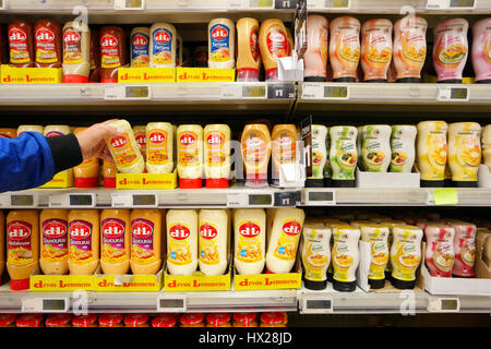 Mayonnaise in shop. Shelves of supermarket with wide assortment of ...