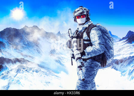 Army soldier in winter camo driving a tracked snowmobile somewhere in ...