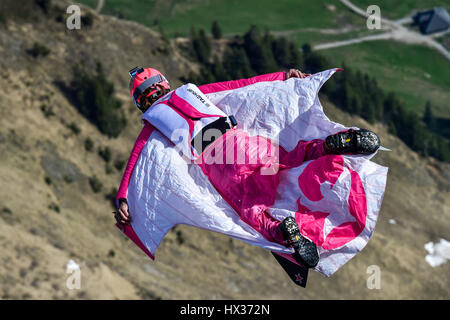 Wingsuit BASE jumper is flying from a cliff Italian Alps, Alleghe ...