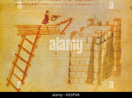 Hand siphon for Greek fire, medieval illumination (detail Stock Photo ...