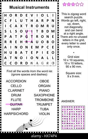 Musical instruments word search puzzle game worksheet. Child quiz grid ...