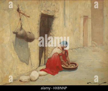 A painting by Vincent Manago (1880-1936), depicting a woman preparing ...