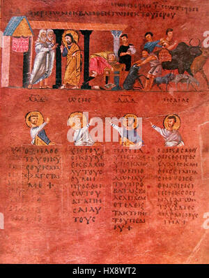 The 'Cleansing of the Temple' from the Rossano Gospels depicts the ...