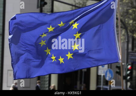 Frankfurt, Germany. 26th Mar, 2017. A woman carries an European Union ...
