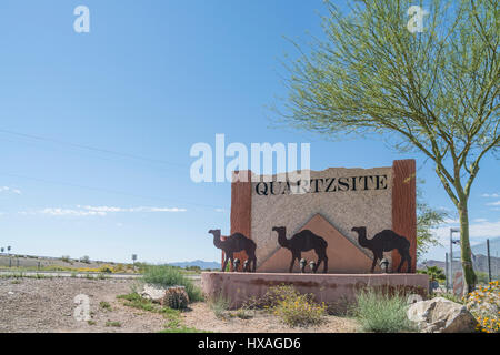 Quartzsite welcoming sign on the town limits made out of stone with ...