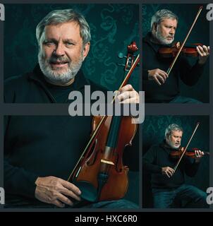 Senior musician playing a violin with a wand on black studio background ...