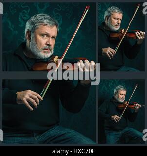 Senior musician playing a violin with wand on black background Stock ...