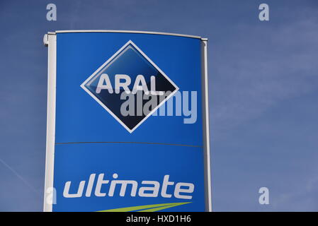Wemperhardt, Luxembourg. 25th Mar, 2017. The logo of an Aral petrol ...