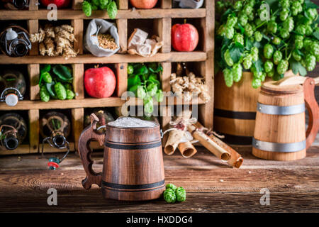 box of fresh beer. On a wooden table Stock Photo - Alamy