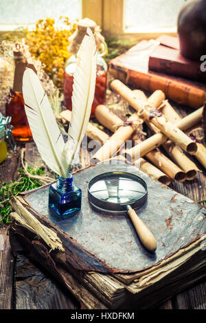 Unique witcher labolatory full of scrolls and old recipe Stock Photo ...