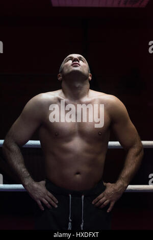 portrait of muscular professional kickboxer who standing in the ring ...