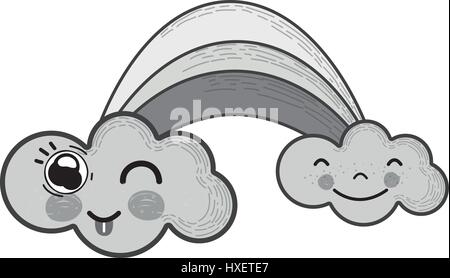 grayscale kawaii rainbow with clouds with faces expression Stock Vector ...