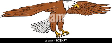Drawing sketch style illustration of bald eagle flying with wings down ...