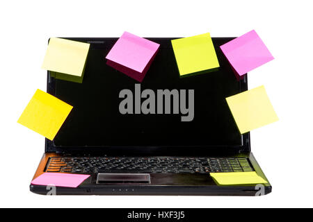Laptop screen covered with sticky notes with different appointments on ...