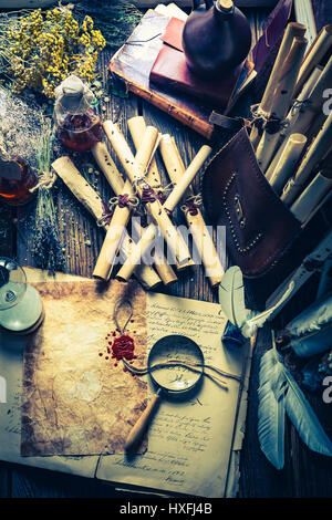 Witcher labolatory full of old scrolls and recipe Stock Photo - Alamy