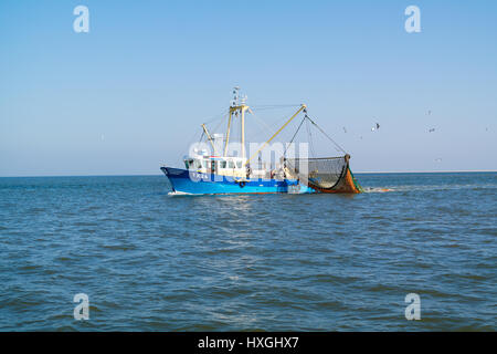 Commercial outrigger trawler shrimp fishing on Waddensea, Netherlands ...