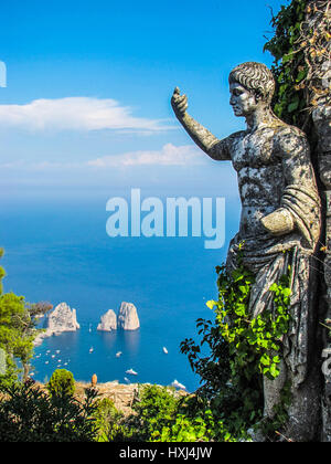 Roman statue above the Mediterranean sea on top of Monte Solaro, Capri ...