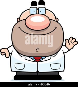 Smiling scientist man waving. Science research shows hello gesture ...