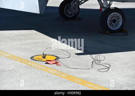 Static grounding clamps connected on an airplane on the runway Stock ...