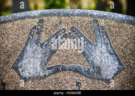 Berlin, Germany, the blessing hands on a grave of the Jewish Cemetery ...
