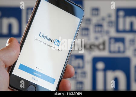 The LinkedIn social network for professionals app and logo is seen on ...