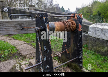 Wigan flight of locks with a chain to open the lock gates Stock Photo ...