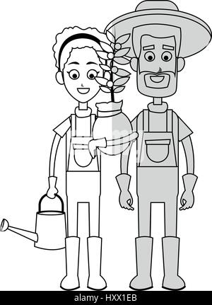 gardener couple with plant over white background. colorful design ...