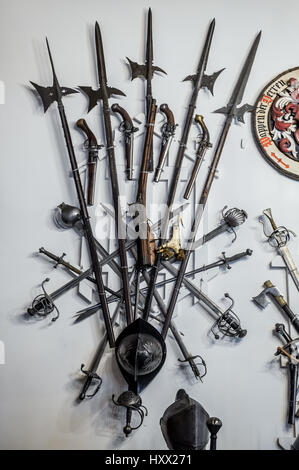 Mediaeval weapons on the wall of Grand Armory Hall in Peles Palace ...