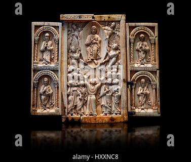 Medieval Christian ivory diptych depicting the Nativity, the crucifixion and the Profits ...