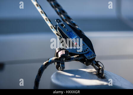 Sailing yacht rigging equipment: main sheet traveller block closeup ...