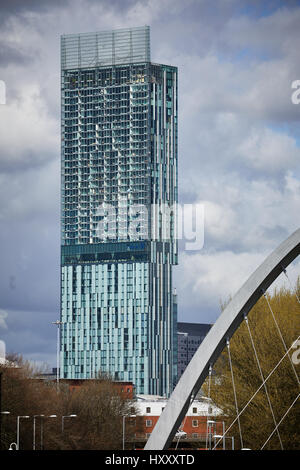 The Hulme Arch Bridge and Beetham Tower on a skyline of Manchester ...