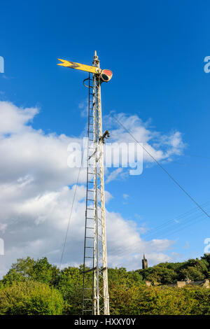 Old steam railway semaphore signal in the stop position. Upper quadrant ...