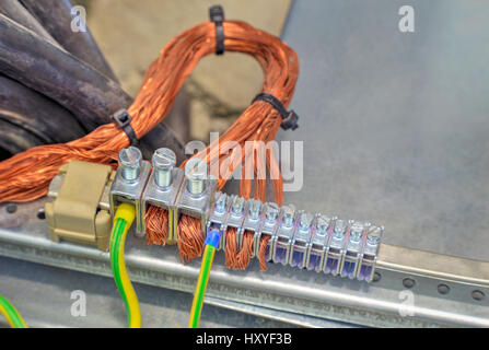 Grounding terminals and wires in industrial electrical control cubicle ...
