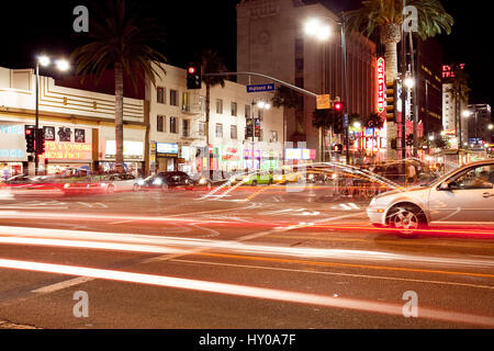Traffic and pedestrians on Hollywood Boulevard at dusk in Los Angeles ...