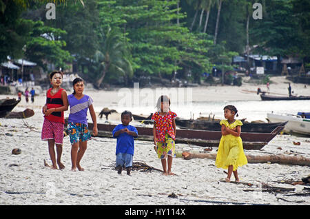 Sea gypsy, Moken boy on a fishing boat, Mergui Archipelago, Andaman Sea ...