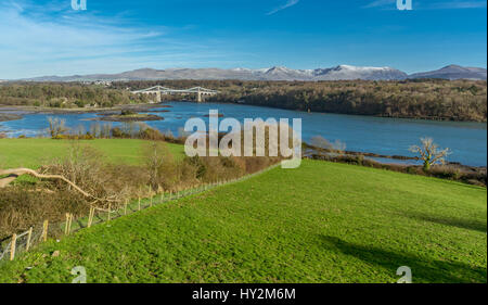 A view across the Menai Strait from a vantage point on Anglesey, with ...