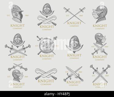 Set of monochrome knights emblems, badges, labels and logos medieval ...