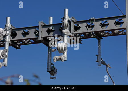 Steel gantry and railway catenary on the west coast main line in ...