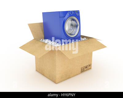 Washing machine in carton cardboard box. E-commerce, internet online ...