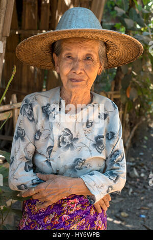Burma, Myanmar, old woman, with wrinkled tanned skin and white hair ...