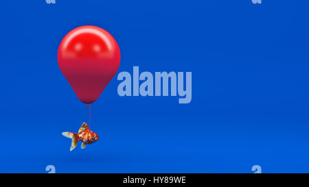 Gold fish flying away from a fishbowl with the help of a balloon. 3d ...