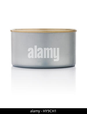 Unlabeled canned tuna on white background. A blank mockup tin-coated ...