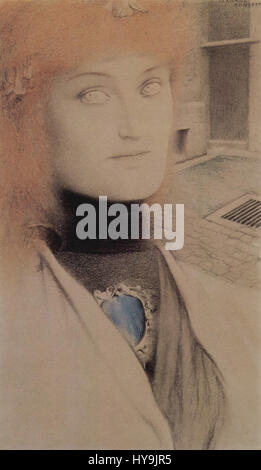 Fernand Khnopff's work, known for his Symbolist style, typically blends ...